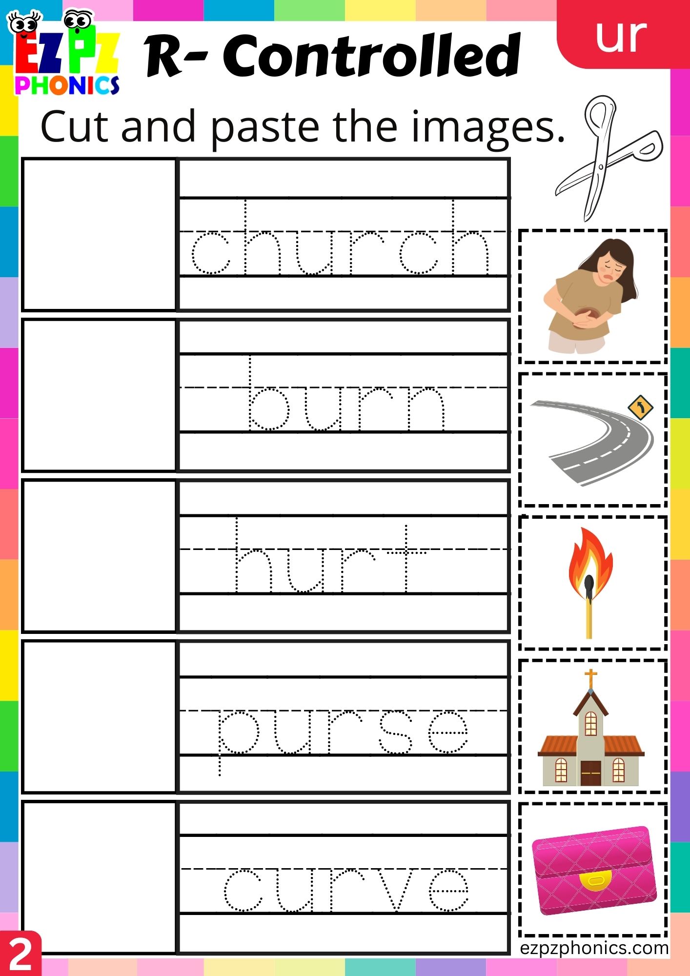 Cut and paste the images activity for ur words R Controlled Vowels group 2 - ezpzphonics.com